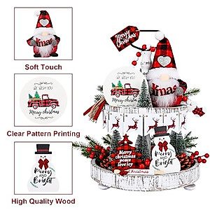 13 Pieces Christmas Tiered Tray Decor Set Christmas Decorations Indoor Winter Wooden Tabletop Signs Red and Black Buffalo Plaid Theme Decor Gnome Snowman Christmas Tree for Christmas Farmhouse Decor