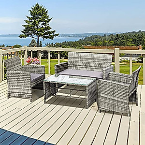 Outsunny 4pcs Outdoor Patio Furniture Set, 2 Plastic Rattan Chairs, 1 PE Wicker Loveseat Sofa, 1 Center Coffee Table with Tempered Glass Table-Top, Soft Cushions for Backyard, Garden, Light Grey