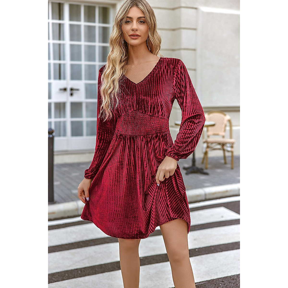 Zeagoo Women Fall Wedding Guest Dresses Plus Size Ladies Long Sleeve Dress Flowy Mini Formal Dinner Dress Wine Red,M