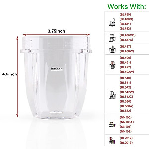 Anbige Replacement Parts Cups,Compatible with Ninja Blenders BL480 BL450 BL640 BL490 BL680 NN100 BL682 BL450 BL2012 CT640 CT800 BN400 CL401A SS100 BN750(12oz)