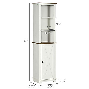 kleankin Slim Bathroom Storage Cabinet with Triple Open Shelves & Cupboard, Wooden Freestanding Linen Tower Tall Skinny Bathroom Storage Cabinet with Door and Shelf Adjustability, White