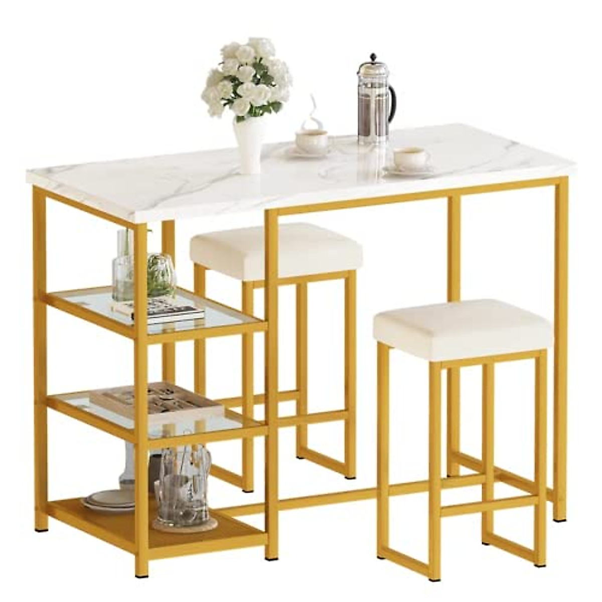 DKLGG 3-Piece Dining Table Set, Counter Height Pub Table with 2 Upholstered Bar Stools/Chairs, Small Space Faux Marble Bar Tabletop Storage Shelves, Breakfast Nook, Gold