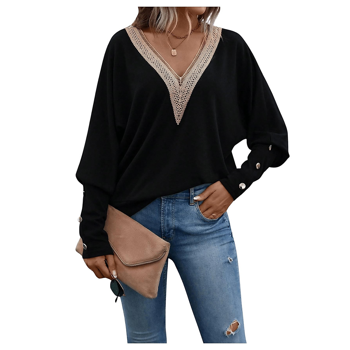 GORGLITTER Women's Guipure Lace Long Sleeve Sweatshirt V Neck Casual Pullover Tops Black Medium