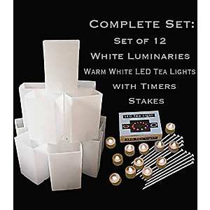 Set of 12 White Luminaries, Warm White LED Tea Lights with Timers & Stakes