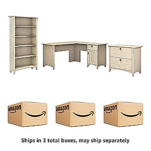 Bush Furniture Salinas L Shaped Desk with Lateral File Cabinet and 5 Shelf Bookcase, 60W, Antique White