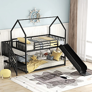 House Bunk Bed with Slide, Twin Over Twin Floor Bunk Bed with Storage Stairs, Metal Playhouse Bunk bed with Guardrail and Roof for Kids Boys Girls Teens, No Box Spring Needed, Black