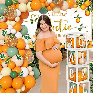 154PCS Little Cutie Baby Shower Balloon Boxes Decorations,Orange Balloon Garland Arch Kit with A Little Cutie is on the Way Backdrop, Baby Boxes with Letters for Orange Baby Shower Decorations