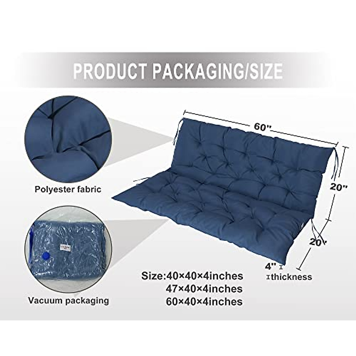COSNUOSA Swing Replacement Cushions Waterproof Porch Swing Cushions 2-3 Seater Outdoor Swing Cushions for Outdoor Furniture Navy 60x40 Inches