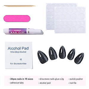 Press On Nails Short Almond, SHOWMORE Black Glitter Fake Nails Medium Sparkly Stiletto Nails Galaxy Glue On Nails False Nails with Design Stick On Nails in 12 Sizes 24 Nail Kit with Glue (Handmade)