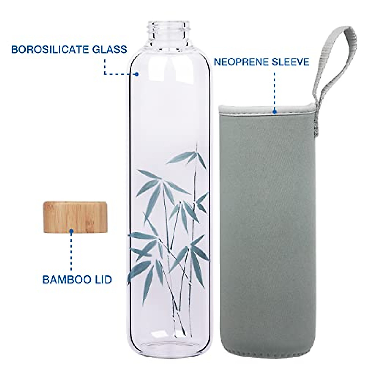 Cleesmil Borosilicate Glass Water Bottle 16 oz / 32 oz BPA Free Reusable Glass Drinking Bottle with Neoprene Sleeve and Bamboo Lid (16 oz, Bamboo)