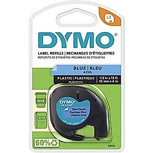 Dymo 91335 LetraTag Labeling Tape, for LetraTag Label Makers, Black Print on Blue Plastic Tape, 1/2" W x 13' L