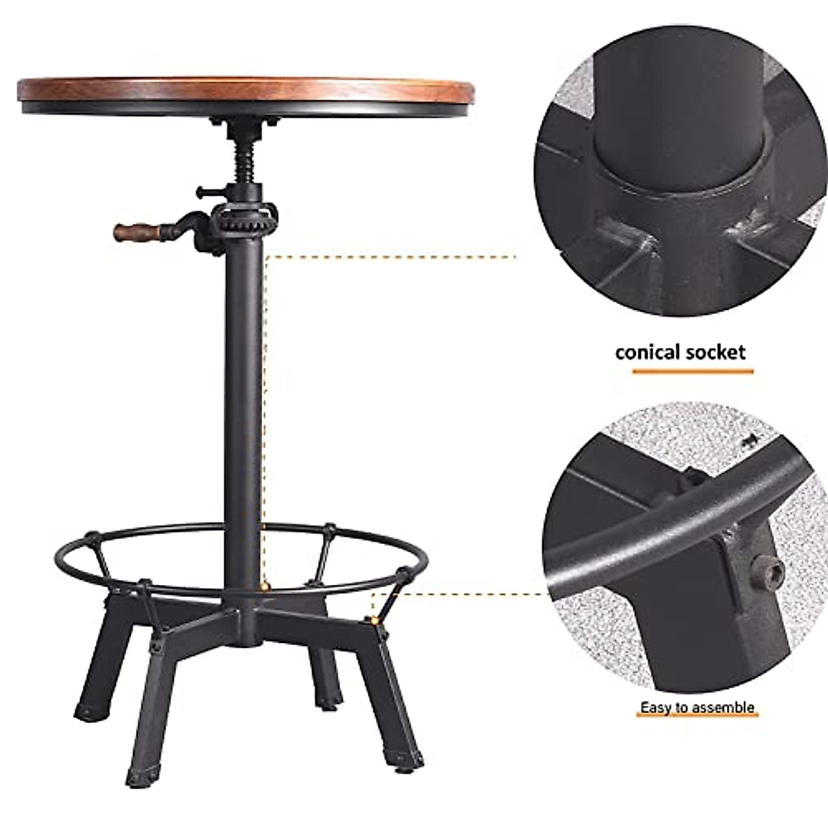LOKKHAN 3-Piece Crank Handle Bar Table (33.5"-39.4") & 2 Stools (20"-27") Set for Pub Kitchen Dining Living Party Bistro Breakfast, Industrial Adjustable Swivel Pine Top,Most Weld, Space-Saving