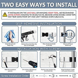 3-H 2 Pack Broom Hanger Wall Mount,Broom Holder Stainless Steel,Broom Holder Wall Mount Self Adhesive,Broom Organizer Storage Tool Racks for Home Kitchen Garden Laundry Garage(Silver)