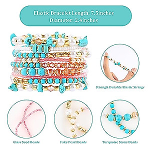Bohemian Turquoise Beaded Bracelets for Women 9Pcs Colorful Stackable Natural Stone Stretch Bracelets Multilayered Glass Seed Beads Pearl Bracelet Set Boho Holiday Summer Beach Jewelry Gift for Girls