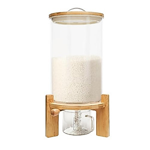 Kaichenyt 7.5L Rice Dispenser, Flour and Cereal Container, Glass Food Storge Container with Airtight Lid and Wooden Stand for Rice, Beans, Ground Coffee (7.5L)
