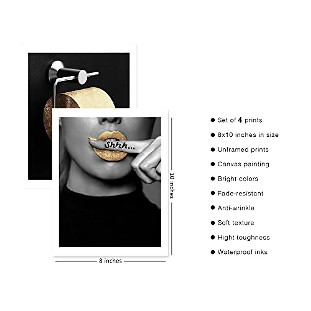 Admmixoo Bathroom Decor Wall Art Prints Glam Glitter Tissue Black Gold Funny Bathroom Toilet Paper Artwork for Wall Black White Yellow Modern Fashion Art Gallery Wall Set (8"x10" UNFRAMED)