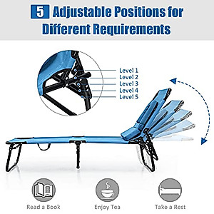 Goplus Folding Chaise Lounge Beach Chair, Face Down Tanning Chair with Face Hole Detachable Pillow, Great for Outside Pool Patio Backyard, 5-Position Adjustable (1, Blue)