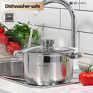 Daniks Standard Stainless Steel Kitchen Induction Pot Cookware Set | 6-Piece | Dishwasher Safe Pots | 2 Quart + 3 Quart + 4 Quart | Measuring Scale | Silver