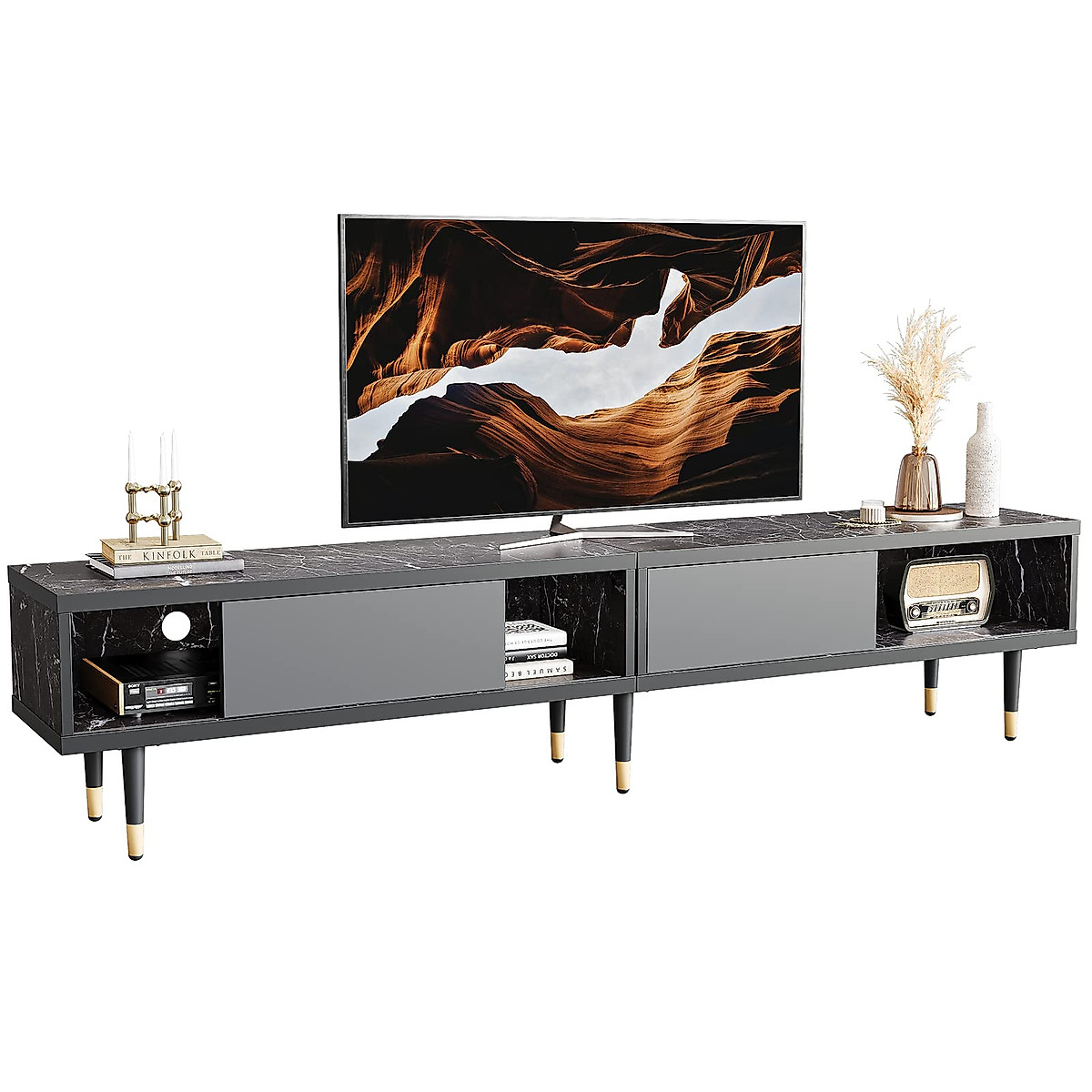 Bestier Mid Century Modern TV Stand for 85 inch tv, Entertainment Center with Storage and Sliding Doors, 2 in 1 Long TV Cabinet for Living Room, Black Marble