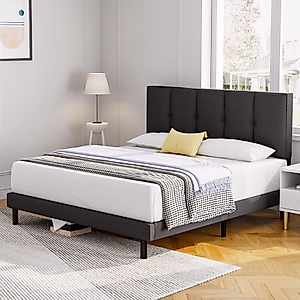 Generic Full Size Bed Frame Upholstered Platform with Headboard, Linen Fabric Wrap, Strong Frame and Wooden Slats Support, Easy Assembly No Box Spring Needed,Non-Slip and Noiseless, D Dark Grey