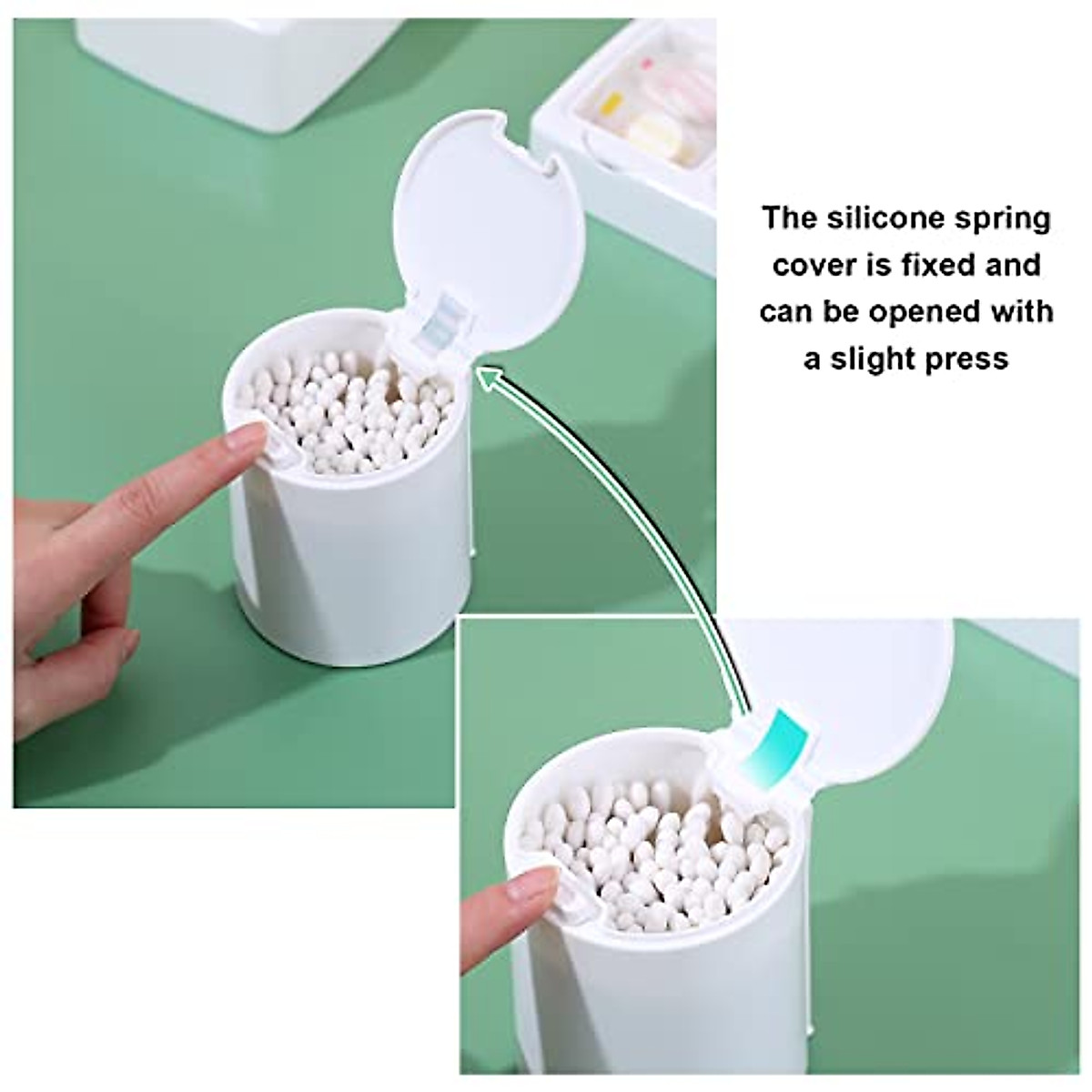 Hooshion Qtip Holder Dispenser with Lids, 4 Pack Plastic Cotton Swabs Dispenser for Vanity Makeup Organizer Storage, Qtip Holder Bathroom Set for Cotton Swab, Ball, Pads, Floss