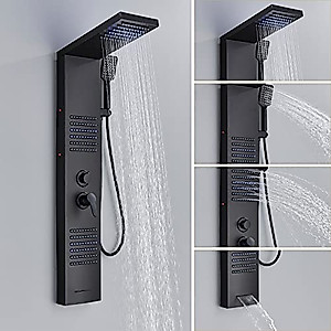 𝗙𝗖𝗢𝗧𝗘𝗘𝗨 𝗦𝗵𝗼𝘄𝗲𝗿 𝗣𝗮𝗻𝗲𝗹 𝗧𝗼𝘄𝗲𝗿 𝗦𝘆𝘀𝘁𝗲𝗺 Shower Panel with LED Full Body Shower System Rain Shower Head 3-Setting Handheld Spray Luxury Shower Tower Stainless Steel Black