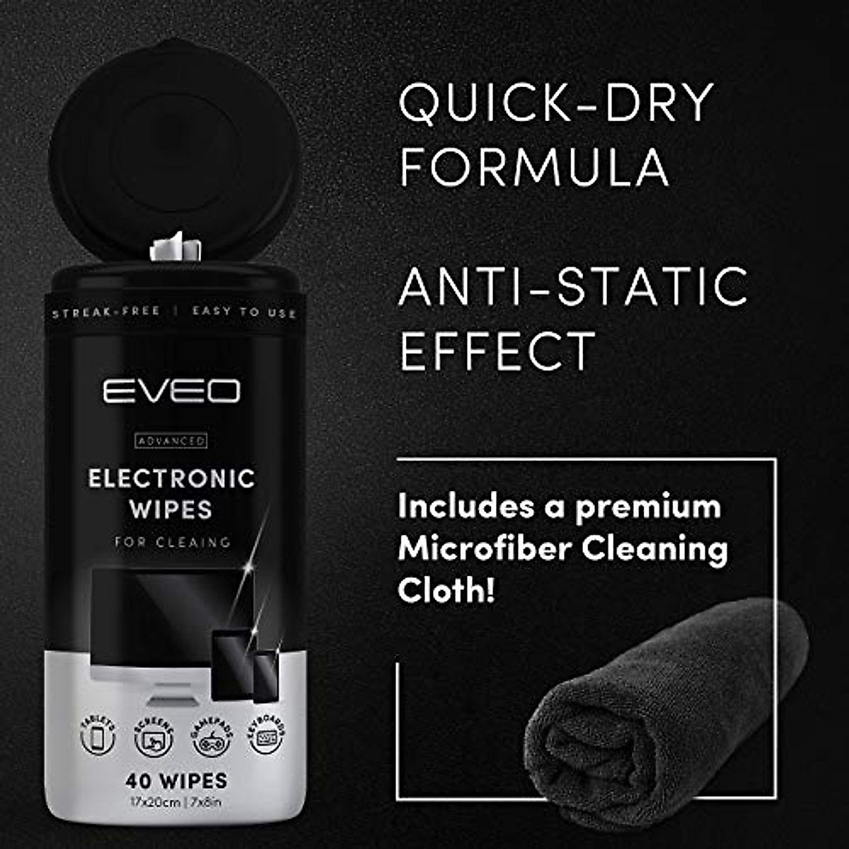 Electronic Wipes Streak-Free for Screen Cleaner & Smart Watch [2 Pack x 40] TV Screen, Smart TV, Computer Screen, Laptop, Phone, Tablet, and Electronics Devices - Microfiber Cloth Included [80 Wipes]