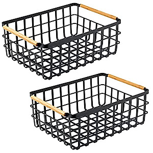 mDesign Metal Wire Storage Organizer Basket with Bamboo Wood Handles for Kitchen Pantry, Rustic Farmhouse Bin to Store Fruit, Coffee, Spices, Supplies, Yami Collection, 2 Pack, Matte Black/Natural/Tan
