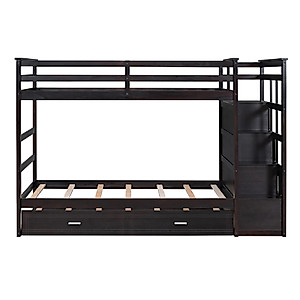 CITYLIGHT Twin Over Twin Bunk Beds with Stairs and Trundle, Bunk Beds with Storage Drawers, Wood Twin Bunk Beds with Trundle and High Length Guardrail for Kids Teens Adults, Espresso