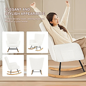 VECELO Rocking Chair, Modern Upholstered Teddy Fabric Nursery Glider with Padded Seat, High Backrest, Armchair and Pocket for Living Room Bedroom Balcony Offices
