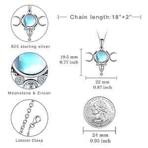 Moonstone Triple Moon Goddess Pendant Necklace Amulet Pentagram for Women Sterling Silver Wiccan Pagan Jewelry Gifts