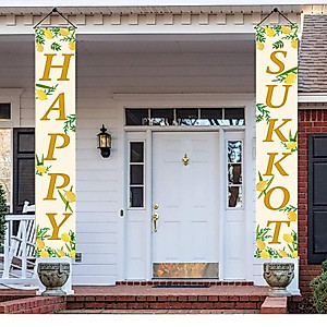 LOONELO Happy Sukkot Porch Banner with 70.9" X 11.8", Etrog Lulav Jewish Holiday Hanging Porch Sign, Sukkah Jewish Hebrewh Party Decorations Supplies for Jewish Holiday Sukkot Celebration Festival