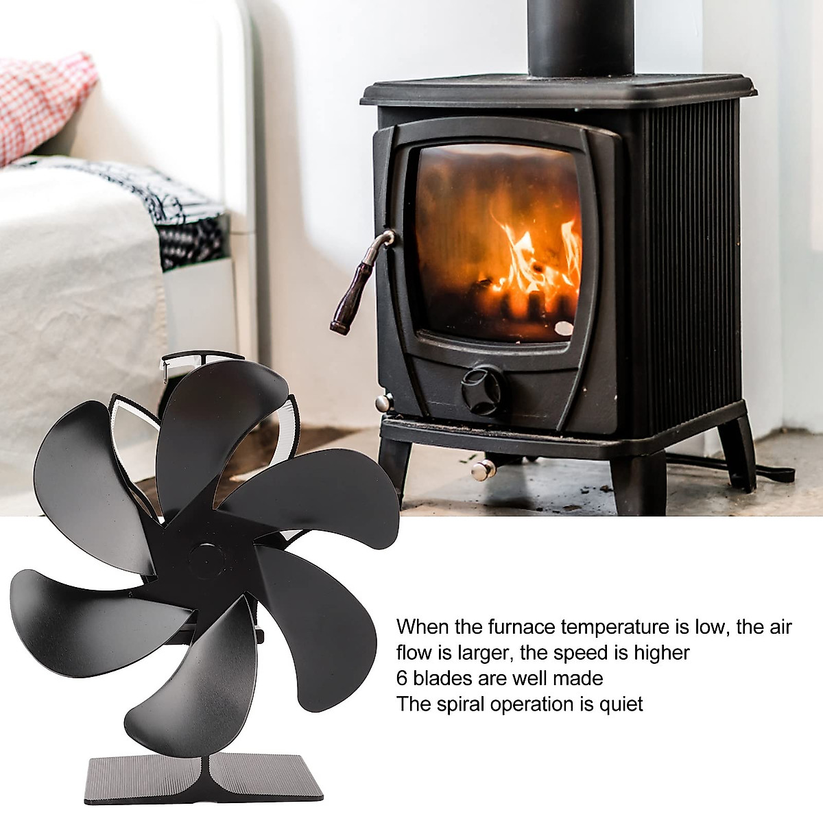 Naroote Stove Eco Fan, 6 Blade 1400rpm Wind Speed High Temperature Resistant Heat Powered Fan for Gas Furnaces