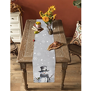Grey Snowman Christmas Table Runner 36 Inches Long, Xmas Berry Botanical Farmhouse Dress Scarves, Winter Snowflake Dining Tablerunner for Coffee Table/Kitchen Island/Christmas Party, Small 13"x36"