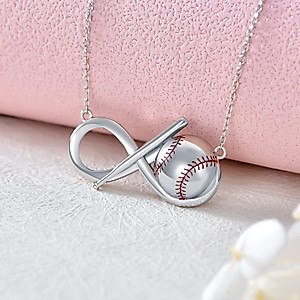RMREWY Baseball Necklace 925 Sterling Silver Infinity Pendant Baseball Bat Sports Charm Baseball Jewelry Gift for Women Baseball Lovers