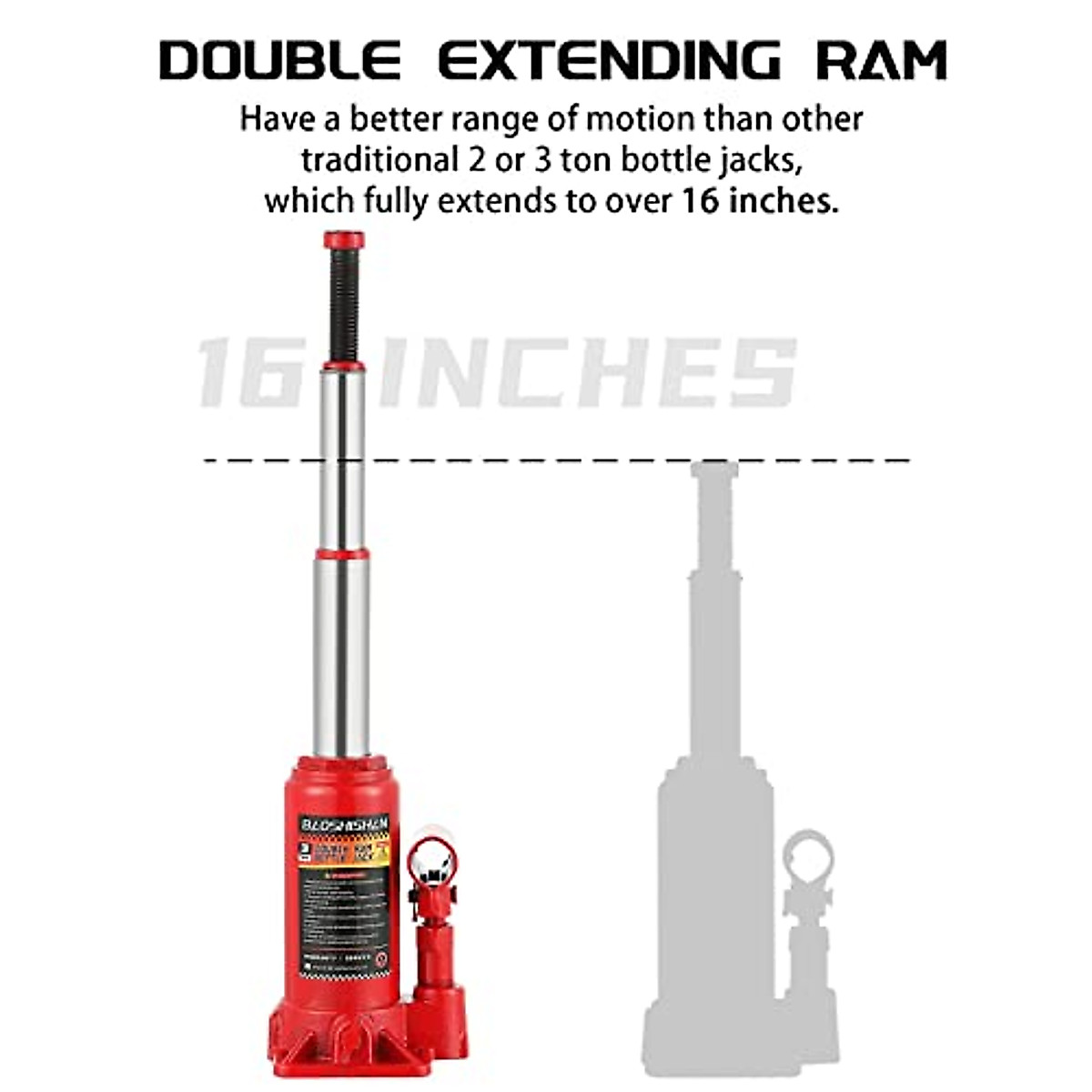 BAOSHISHAN 3 Ton Double Ram Bottle Jack 6-1/2" to 16-1/2" Lifting Range Portable Hydraulic Jack with Carrying Case