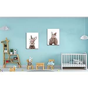 Girls Nursery Wall Art Bunny Rabbit with Pink Flower Crown Canvas Print Wall Decor Woodland Animal Posters Kids Room Set of 2 Bedroom Deccoration Framed Wall Art