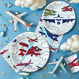 Suhelkit Airplane Party Decorations Tableware Boy - Disposable Airplane Birthday Party Supplies, Plate, Napkin, Cup, Cutlery, Aviation Theme Airplane Birthday Baby Shower Table Decorations | 24 Guests