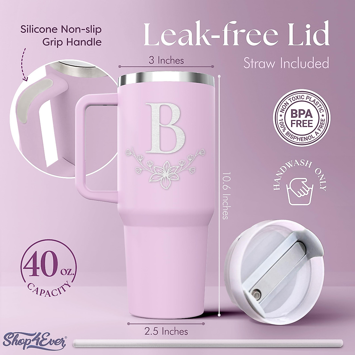 Custom Personalized Floral Flower Monogam Initial Letter A-Z Engraved Insulated Stainless Steel Tumbler with Handle, Lid, and Straw 40 oz. Monogrammed Gift for Her