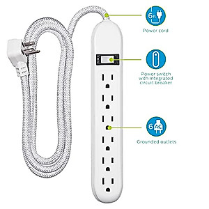 Philips Accessories Philips, White, Outlet Strip, Designer Braided Power, 6 Ft Extension Cord, Flat Plug, Perfect for Home or Office, SPS3080WC/37