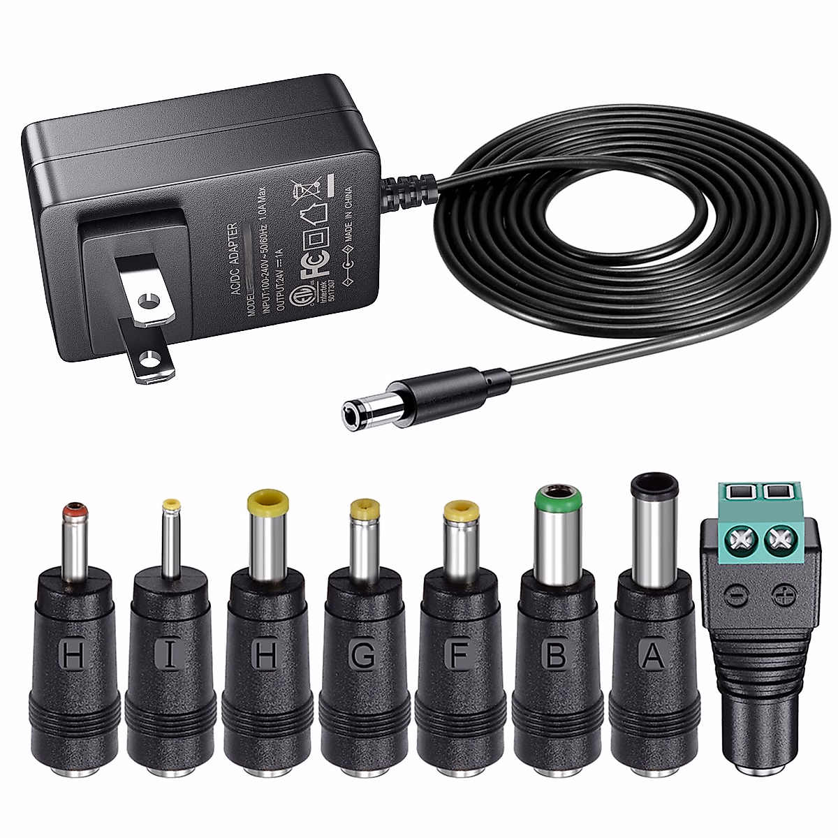 SoulBay 24V 1A Power Supply Adapter w/ 8 Tips for CCTV WiFi Camera Router LED Strip Light, AC 100-240V to DC 24 Volt Plug in Transformer Cord with ETL Certificate, 5 FT