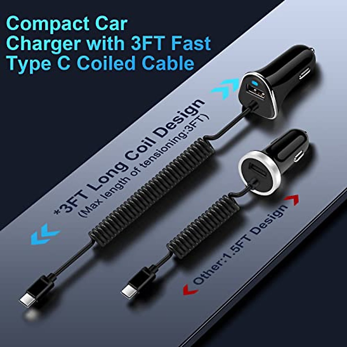 Android Type C Fast Car Charger for Samsung Galaxy S23 A14 A54 Z Fold 4 Z Flip 4 S22 Ultra A53 A13 A03s A32 A52 S21 FE S20,3.4A Fast Car Charging Cigarette Lighter Adapter with 3ft USB C Coiled Cable