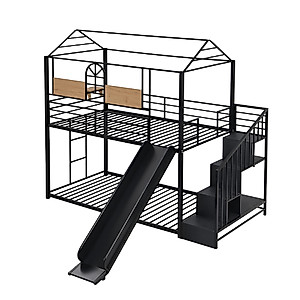 Bellemave House Bunk Bed with Slide and Stairs Twin Over Twin Floor Bunk Bed Frame Metal Playhouse Bunked with Storage Shelves for Kids Boys Girls Teens, Black with MDF