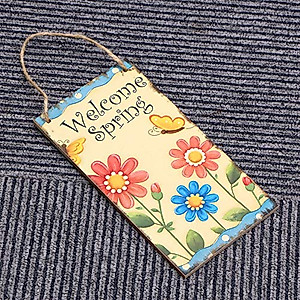 OULII Easter Gift Happy Easter Plaque Wooden Hanging Plaque Festival Wall Door Decorative Sign Hanger Home Decoration Photo Props Favors (Welcome Spring)