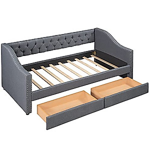 Flieks Upholstered Daybed with Two Storage Drawers, Twin Tufted Sofa Bed Daybed with Nailhead Trim and Wood Slat Support (Grey)