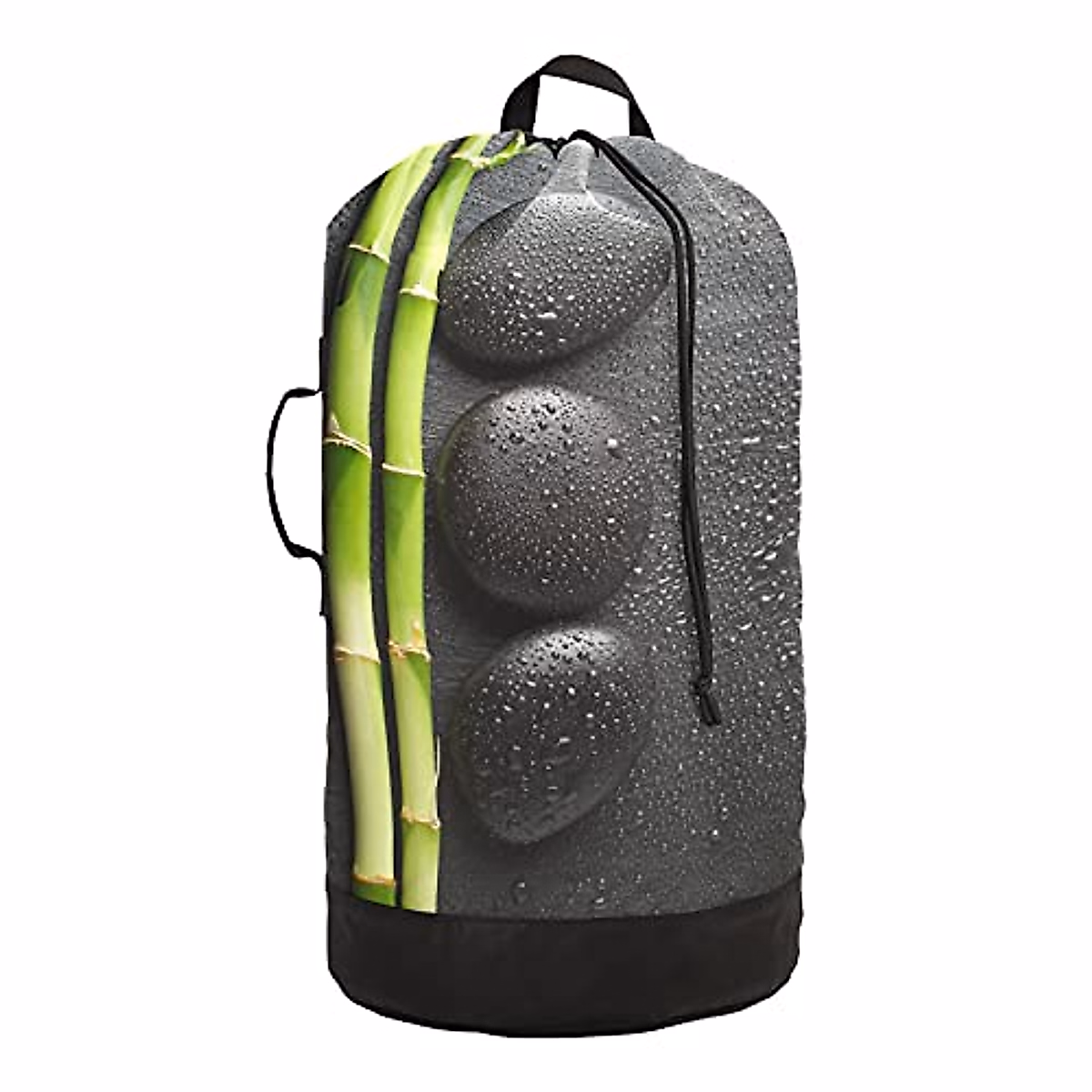 Poeticcity Black Zen Basalt Stones with Dew Green Bamboo on Dark Backpack Laundry Bag Drawstring Hamper Basket, Dirty Clothes Bin Toy Storage with Adjustable Shoulder Straps for Travel Home