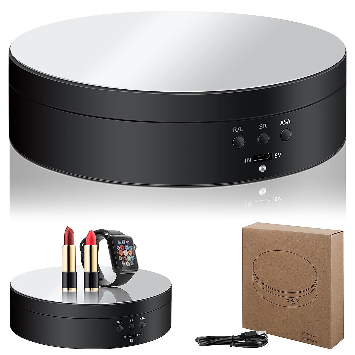 5.4" 360 Degree Motorized Rotating Display Stand Turn Table, 3 Gears Speed Electric Display Turntable with USB Cable for Photography Products Shows, Watch, 3D Models (Black, with PVC Mirror Sticker)