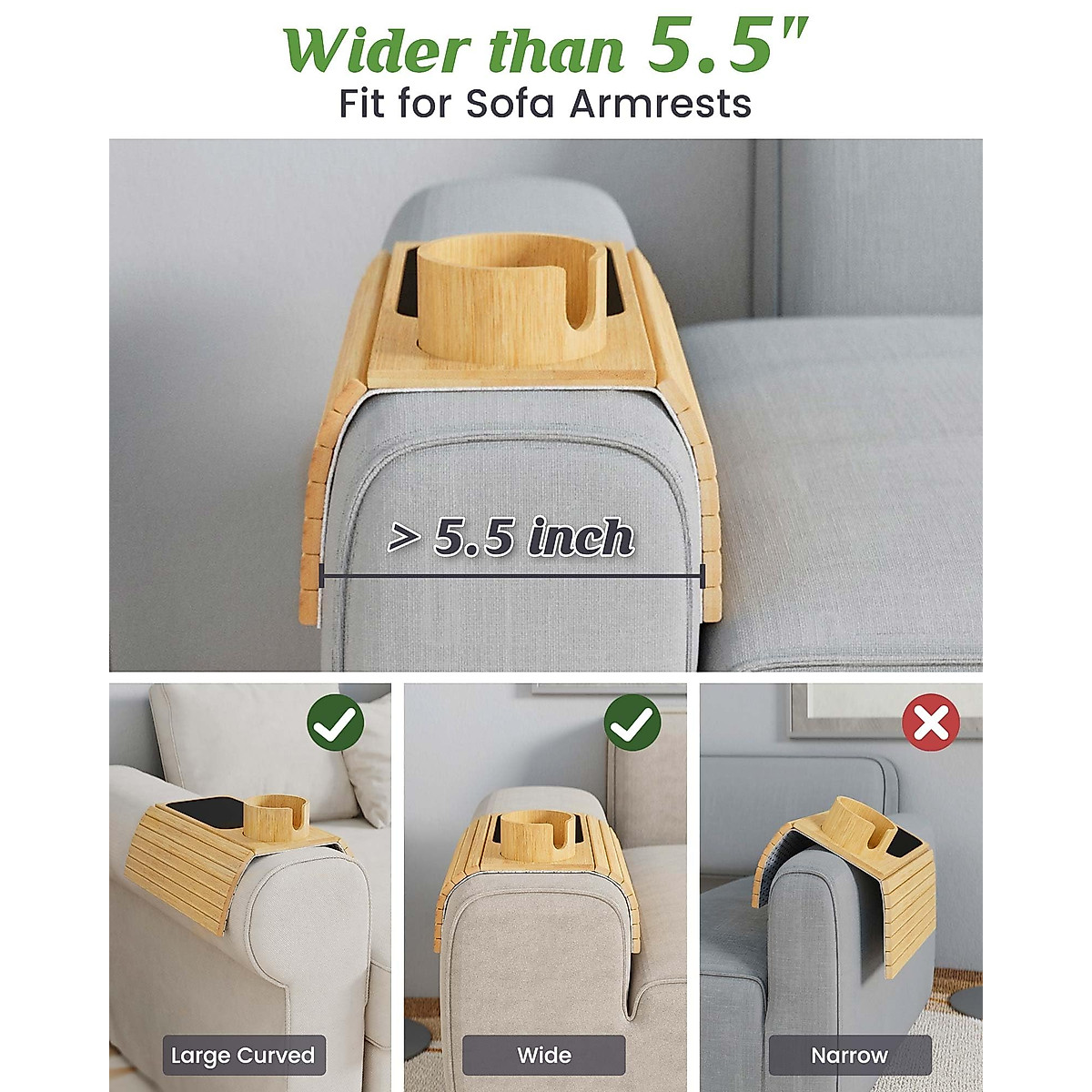 BS-VOG Couch Cup Holder, Bamboo Couch Arm Tray with 360° Rotating Drink Holder, Foldable Anti-slip Couch Arm Table, Sofa Armrest Tray Clip on Wide Couches for Eating, Snacks, Remote, No Installation