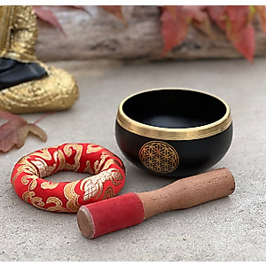 Tibetan Flower Of Life Singing Bowl Mallet Cushion Set ~ For Meditation, Yoga, Spiritual Healing and Mindfulness ~ Medium (Black)