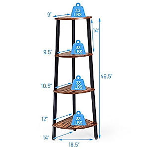 Giantex 4-Tier Corner Shelf Industrial Multipurpose Bookcase, Home or Office Storage Rack, Wood Plant Stand with Metal Frame (Rustic Brown)